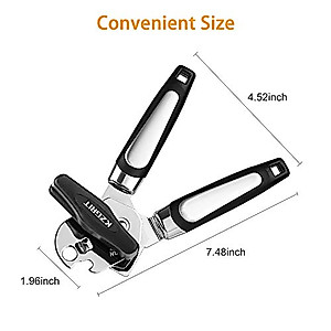 KzGrit Manual Can Opener, Food-Safe Stainless Steel, Smooth Edge, Tin Lids Jar Bottle Caps Openers with Non-Slip Handle and Ergonomic Turning Knob for Elderly with Arthritis(Black)