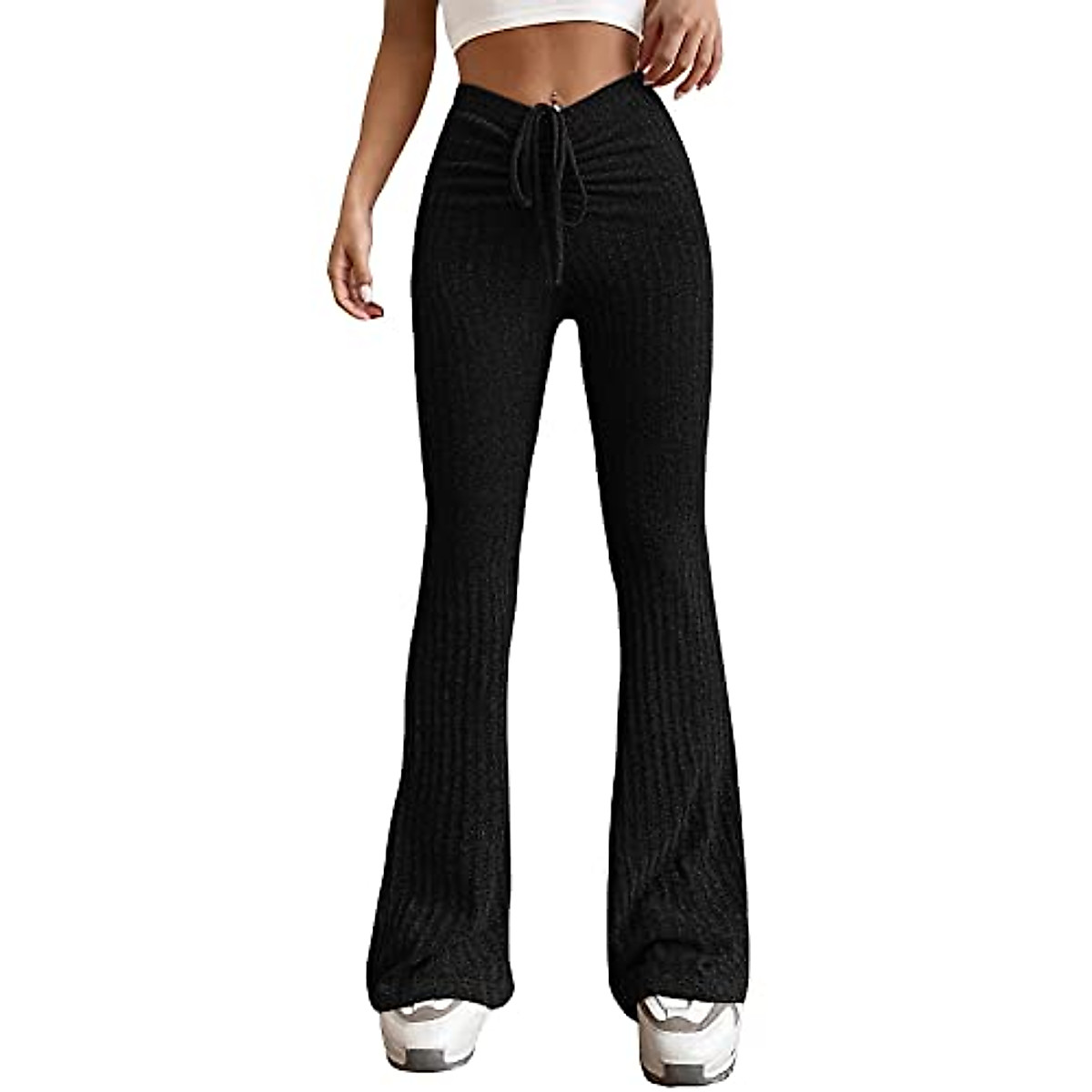 MakeMeChic Women's Drawstring High Waist Ribbed Knit Flare Pants Bootcut Yoga Pants Black S
