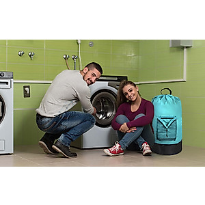 Laundry Bag Backpack with Shoulder Straps and Mesh Pocket Laundry Backpack Large Portable Laundry Hamper for College Laundromat Apartment with Drawstring Closure, Adjustable Back Straps (Turquoise)