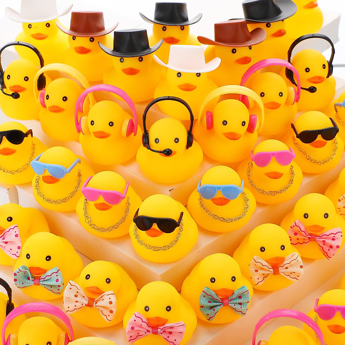 Jerify 48 Pcs Mini Rubber Duck Bulk Ducks for Ducking Car Ornament Sunglasses Cowboy Hats Bows Necklaces Earphones Headphone Cute Yellow Duck Bathtub Accessories for Summer Baby Shower Birthday Party