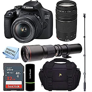 Inspire Digital Canon EOS Rebel 2000D DSLR Camera with 18-55mm is II Lens Bundle + Canon EF 75-300mm f/4-5.6 III Lens and 500mm Preset Lens + 32GB Memory + Monopod + Padded Case (Renewed)