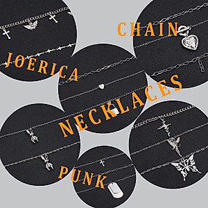 JOERICA 9 PCS Layered Chain Necklaces Set for Women Men Gothic Black Leather Choker Necklaces Adjustable Silver Punk Pendant Necklaces with Lock Heart Butterfly