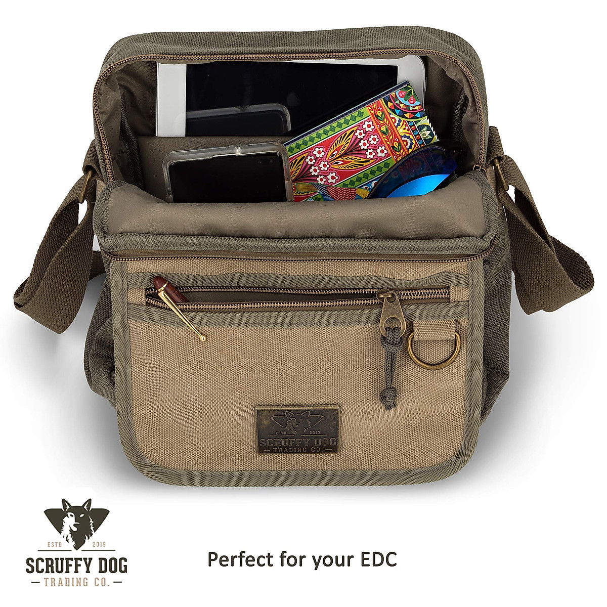 SCRUFFY DOG Canvas Messenger Bag for Men and Women with Adjustable Strap - Crossbody Satchel Small 11 inch, Khaki