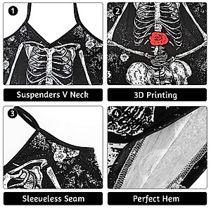 Eciodci Women's Halloween Horror Loose Tank Top Shirts 3D Print Rose Skeleton V Neck Sleeveless Tank Tops