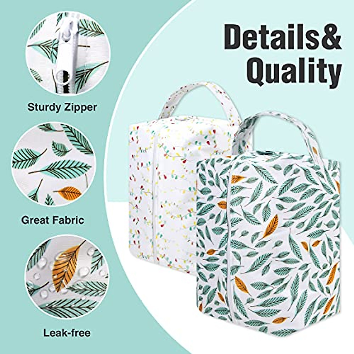 Pedobi 2 Packs Reusable Cloth Diaper Wet Dry Bags - Large Hanging Wet Bags with Buttons for Stroller - Waterproof Pod Cloth Diaper Bag - Washable Wet Bag for Diapers, Travel, Pool (Leaves)