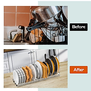 Housolution Pot and Pan Organizer Rack for Cabinet, Stainless Steel Expandable Pot Lid Organizer with 14 Adjustable Dividers, Pot and Pan Holder Rack Storage Organizer for Kitchen, Silver