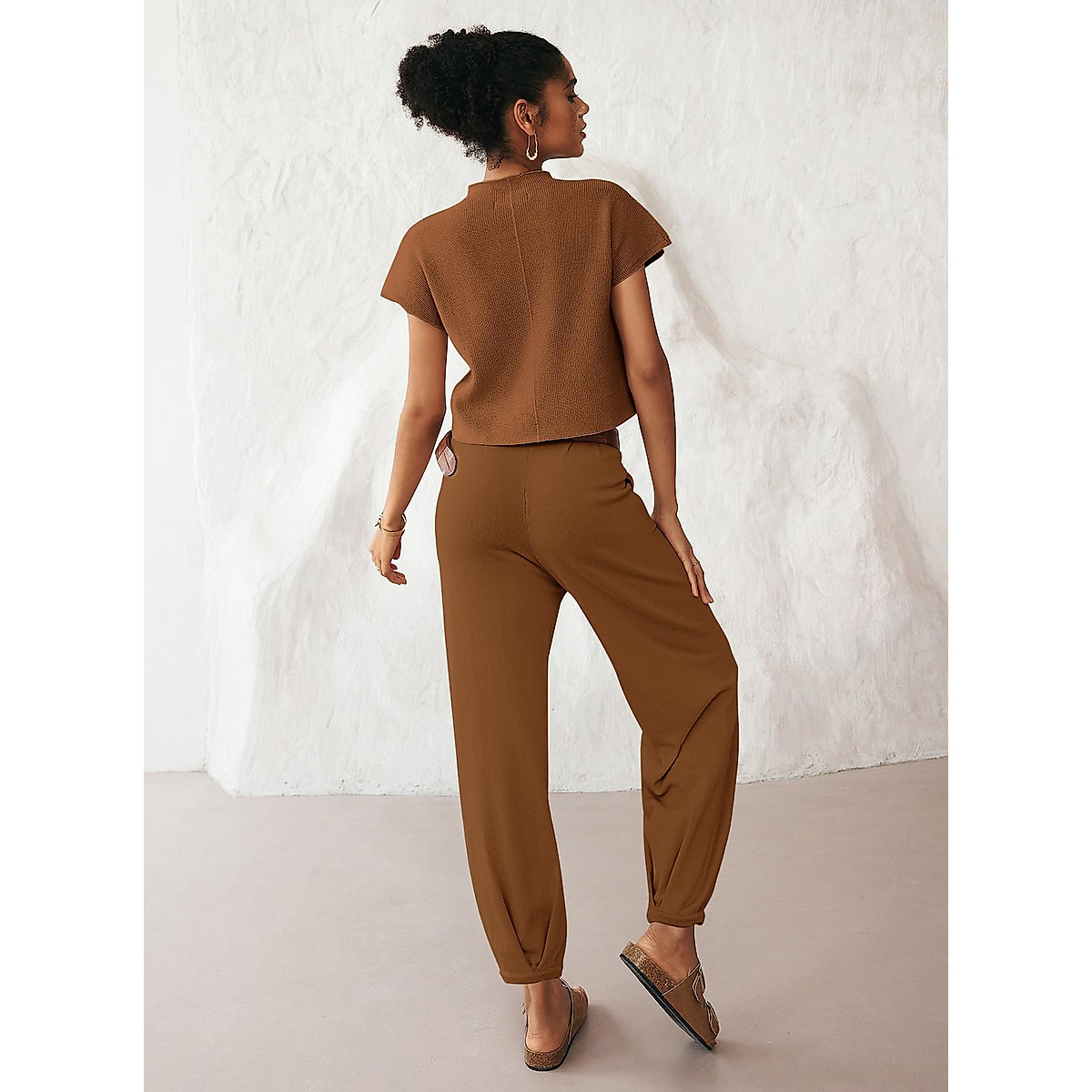 MEROKEETY Women Two Piece Outfits Sweater Sets Knit Pullover Tops High Waist Pants Lounge Set Tracksuit, Pecan, Small