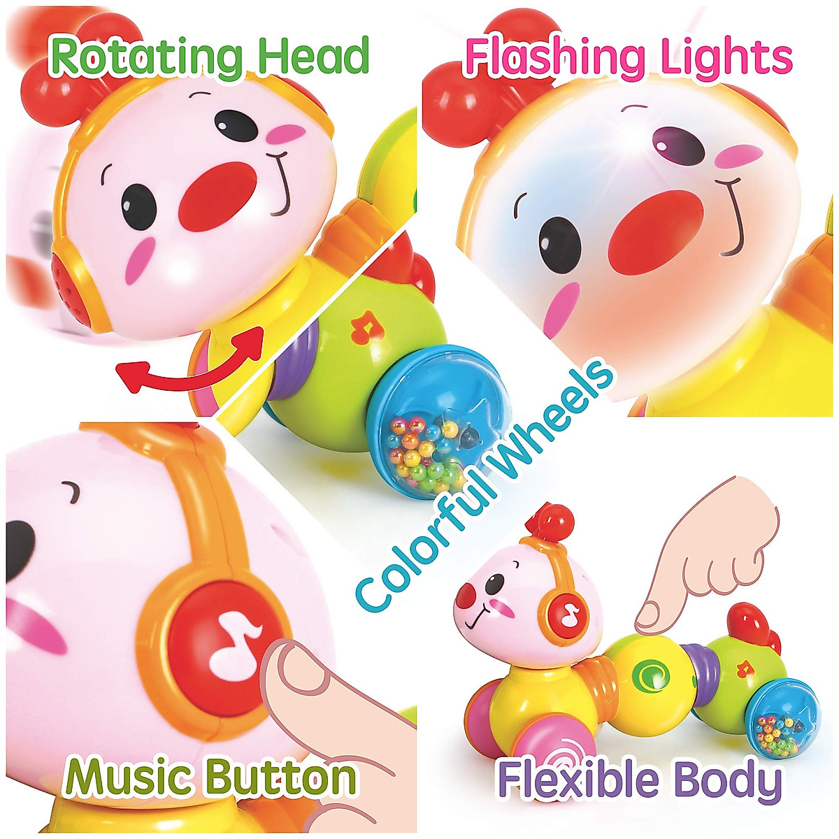 Stone and Clark Musical Press & Go Caterpillar Toy, Baby Toys 6 to 12 Months, Light Up Head Inchworm Infant Toys, Baby Crawling & Educational Toys for 1 Year Old Boys & Girls