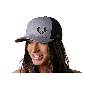 HAKA Buck Antler Embroidered Trucker Hat, Outdoor Hat for Men & Women, Adjustable Baseball Cap, Mesh Snapback, Golf Hat (Grey/Black)