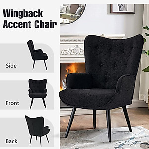 Furniliving Boucle Accent Chair for Living Room, Upholstered Reading Chair with High Backrest, Tufted-Button Wingback Armchair for Bedroom, Dressing Room, Home Office, Black