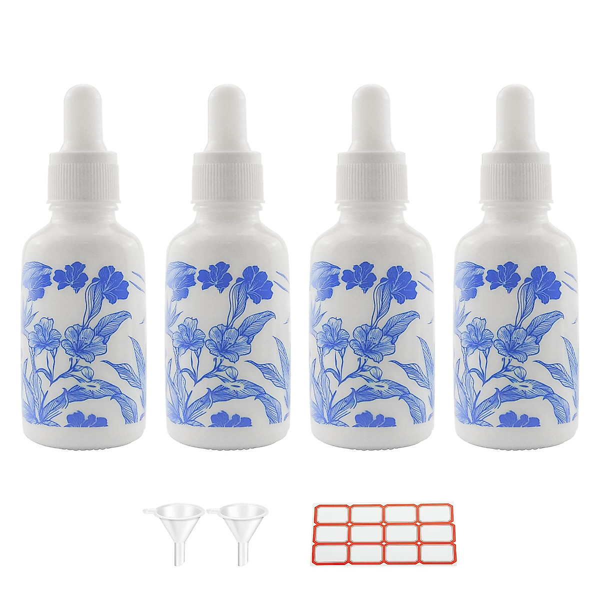 Wwolife 4 PCS 1 2/3oz (50ml) Blue and White Porcelain Ceramic Dropper Bottles Perfume Aromatherapy Cosmetic Container Essential Oils Sample Empty Dropper Bottles with Funnel Include