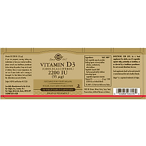 SOLGAR Vitamin D3 (Cholecalciferol) 55 mcg (2200 IU) - 50 Vegetable Capsules - Non-GMO, Gluten Free, Dairy Free, Kosher - 50 Servings