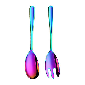 Salad Spoon and Fork Set，Stainless Steel Salad Serving Set，Durable&Elegant,for Salad, Gravies or Pasta, Gold/Brass Finish (2pcs, rainbow)