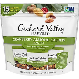 Orchard Valley Harvest Cranberry Almond Cashew Trail Mix, 1 Ounce Bags (Pack of 15), Cranberries, Almonds, and Cashews, Non-GMO, No Artificial Ingredients