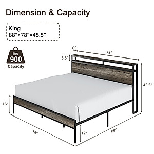 LUXOAK King Size Bed Frame, Platform Bed Frame with 2-Tier Storage Headboard and Charging Station/No Box Spring Needed/Noise Free/Industrial/Rustic Grey