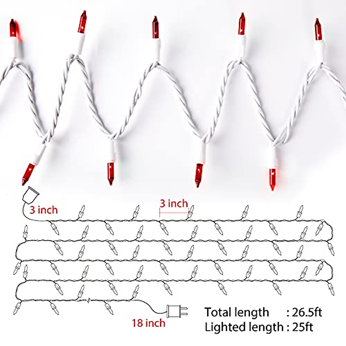 Christmas Red Mini String Lights, 100 Count 26.5 Feet Detachable Incandescent Bulb Waterproof Red Fairy Lights Plug in for Indoor Outdoor Party Patio Valentine's Day Decoration, White Wire