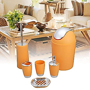 CNKOBE 6 Pcs Plastic Bathroom Accessory Set Luxury Bath Accessories Bath Set Lotion Bottles, Toothbrush Holder, Tooth Mug, Soap Dish, Toilet Brush, Trash Can, Rubbish Bin (Orange)