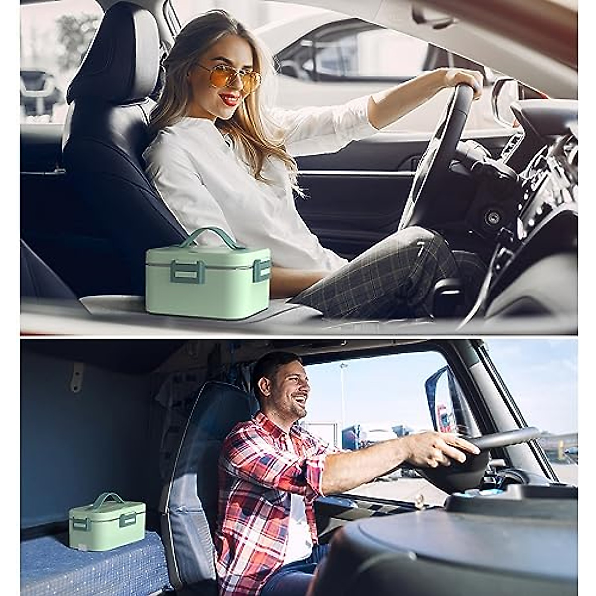 Adocfan Electric Lunch Box 75W 1.8L Food Warmer Heater 12V 24V 110V Faster Heated Lunch Box for Car/Truck/Home Portable Heating Boxes with 304 SS Container Fork & Spoon (Light green)