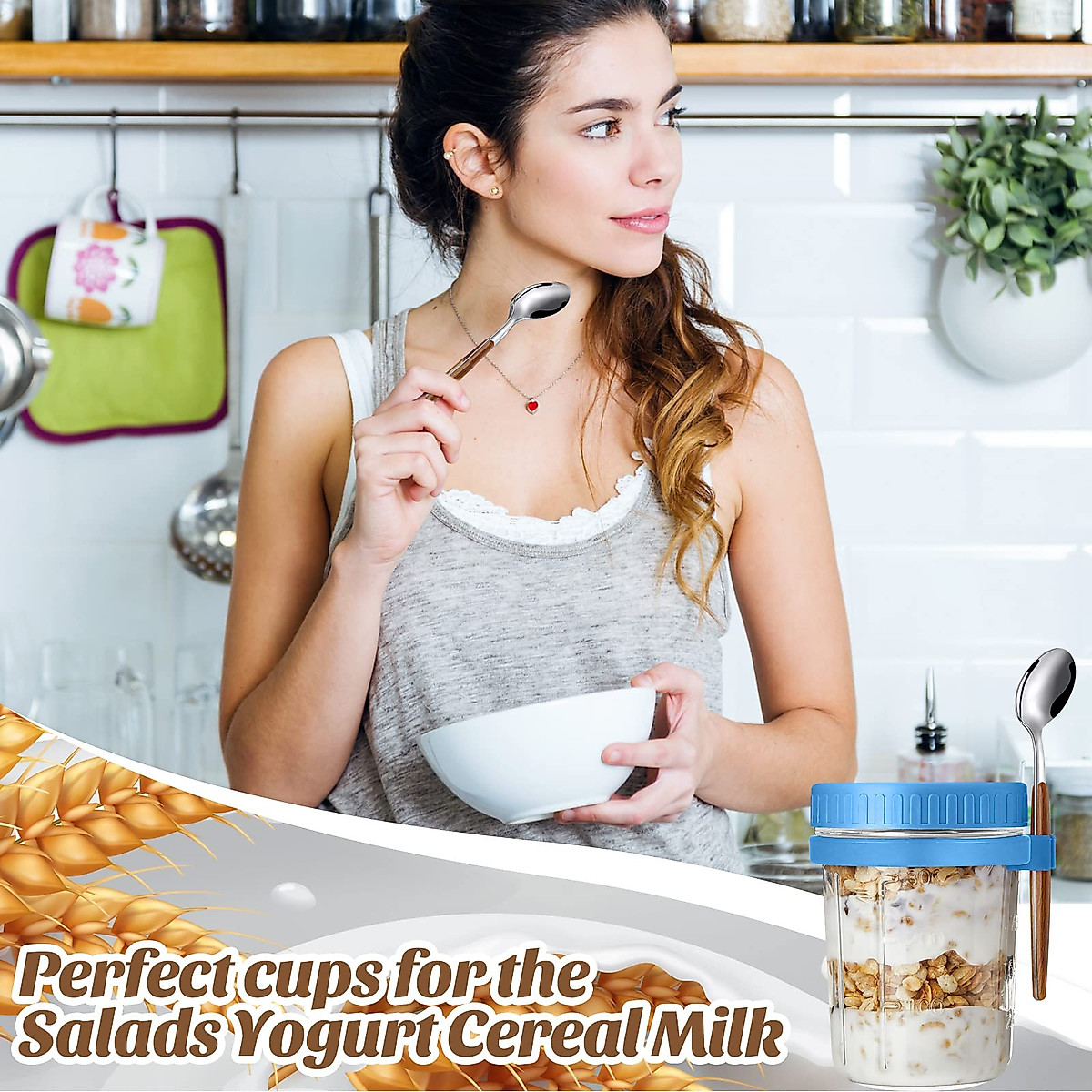 Irenare 10 Pack 10 oz Overnight Oats Containers with Lids and Spoons, Glass Airtight Oatmeal Overnight Oat Jars with Measurement Marks Airtight Jars for Milk Cereal Fruit (Blue)