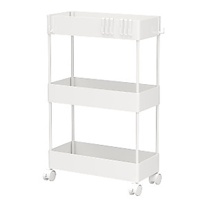 CAXXA 3 Tier Slim Mobile Utility Cart Rolling Cart ,Plastic Basket Storage Organizer, for Kitchen Laundry Bathroom Living Room Narrow Place Slide Out Storage Cart with Casters (White, 15.75Lx7W)