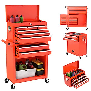 8-Drawer Rolling Tool Chest & Removable Tool Box with Locking System, Tool Box Organizer with 4 Wheels&Hooks, Large Capacity Garage Storage Cabinet for Warehouse and Repair Shop(Red)