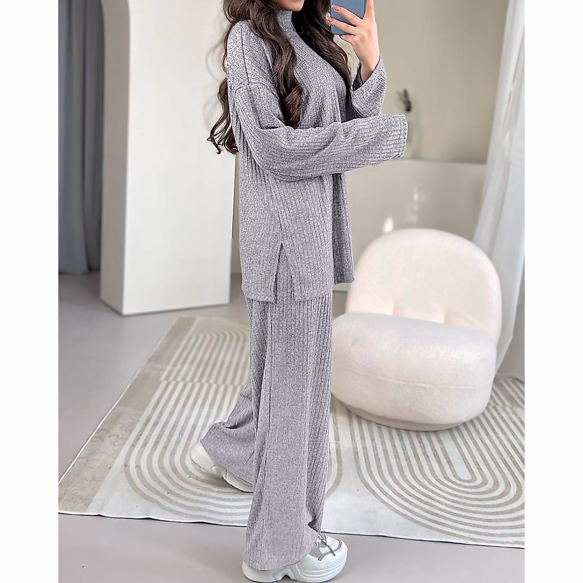 KIRUNDO Track Suits For Women Set Lounge Set Casual Long Sleeve Knitted Tops Long Pants Sweat Set Trendy Fall Clothes Casual Outfits(Grey, Small)