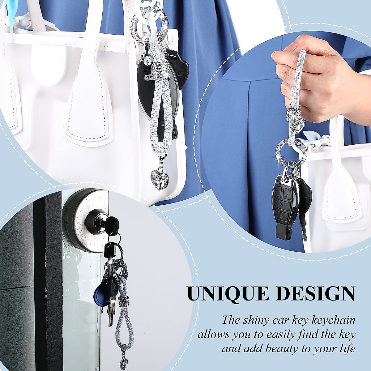 Crystal Car Keychain Bling Keychain Accessories Glitter KeyRing Strap with Heart Charm Key Decorations for Women Auto (Silver)