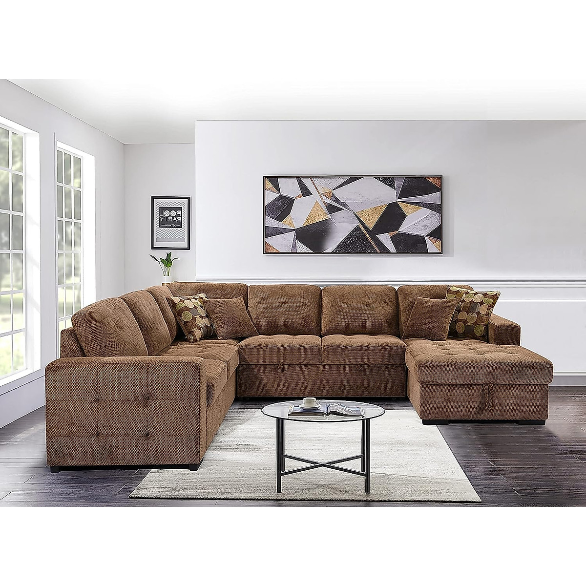 123" Convertible U-shaped Sectional Sofa with Pull Out Sleeper Couch Bed,Storage Chaise Lounge and 4 Throw Pillows,Oversized Polyester Upholstered Modular Sofá&Couches for Living Room,King Size