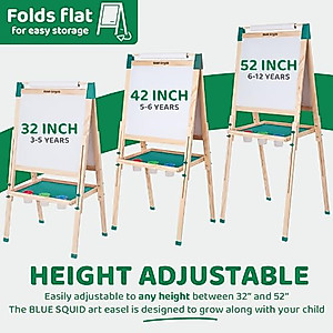 Blue Squid Art Easel for Kids Including 100+ Accessories - Double Sided Adjustable Wooden Painting Easel with Magnetic Chalk Board, White Board and Paper Roll for Toddlers Ages 3,4,5,6,7,8,9,10,12