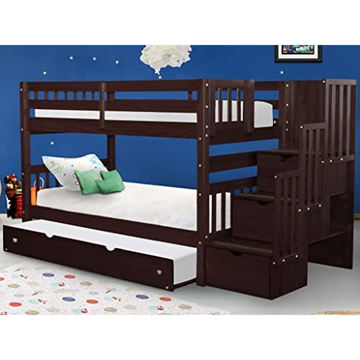 Bedz King Stairway Bunk Beds Twin over Twin with 3 Drawers in the Steps and a Twin Trundle, Dark Cherry