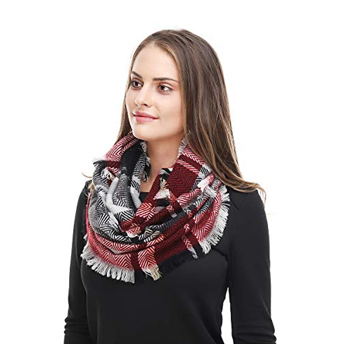 Lucky Leaf Women Winter Checked Pattern Cashmere Feel Warm Plaid Infinity Scarf (L8-Black Burgundy)