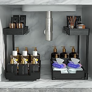 JUJEKWK Under Sink Organizers and Storage 2 pack, 2-Tier bathroom organizer, Kitchen Organizer, L Shaped cabinet organizer (Black)
