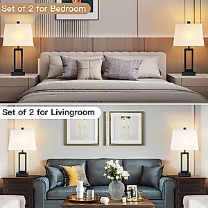 23.5" Touch Control Table Lamps Set of 2, Bedside Lamp with 2 USB Ports & AC Outlet, 3-Way Dimmable Nightstand Lamp with White Linen Shade for Living Room Bedroom End Table Office(2 LED Bulb Included)