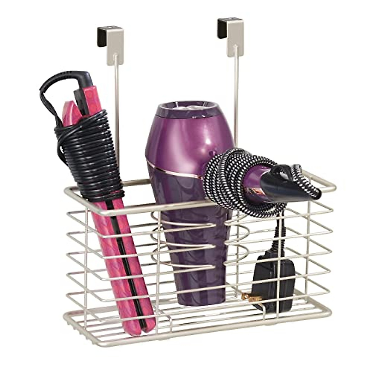mDesign Steel Over Cabinet/Door Hair Dryer Holder Storage, Hair Styling Tool Organizer Basket for Bathroom - Hair Blow Dryer, Flat Iron, Curling Wand, Hair Straightener, Linelle Collection - Satin