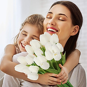 EZFLOWERY 10 Heads Artificial Tulips Flowers Real Touch Arrangement Bouquet for Home Room Office Party Wedding Decoration, Excellent Gift Idea for Mothers Day (10, White)