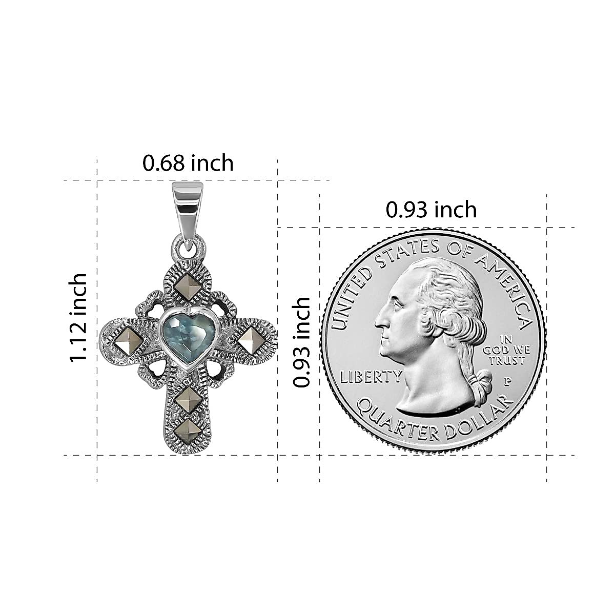WithLoveSilver Sterling Silver 925 Celtic Cross with 5mm Heart CZ and Square Marcasites Pendant (Aqua Glass)