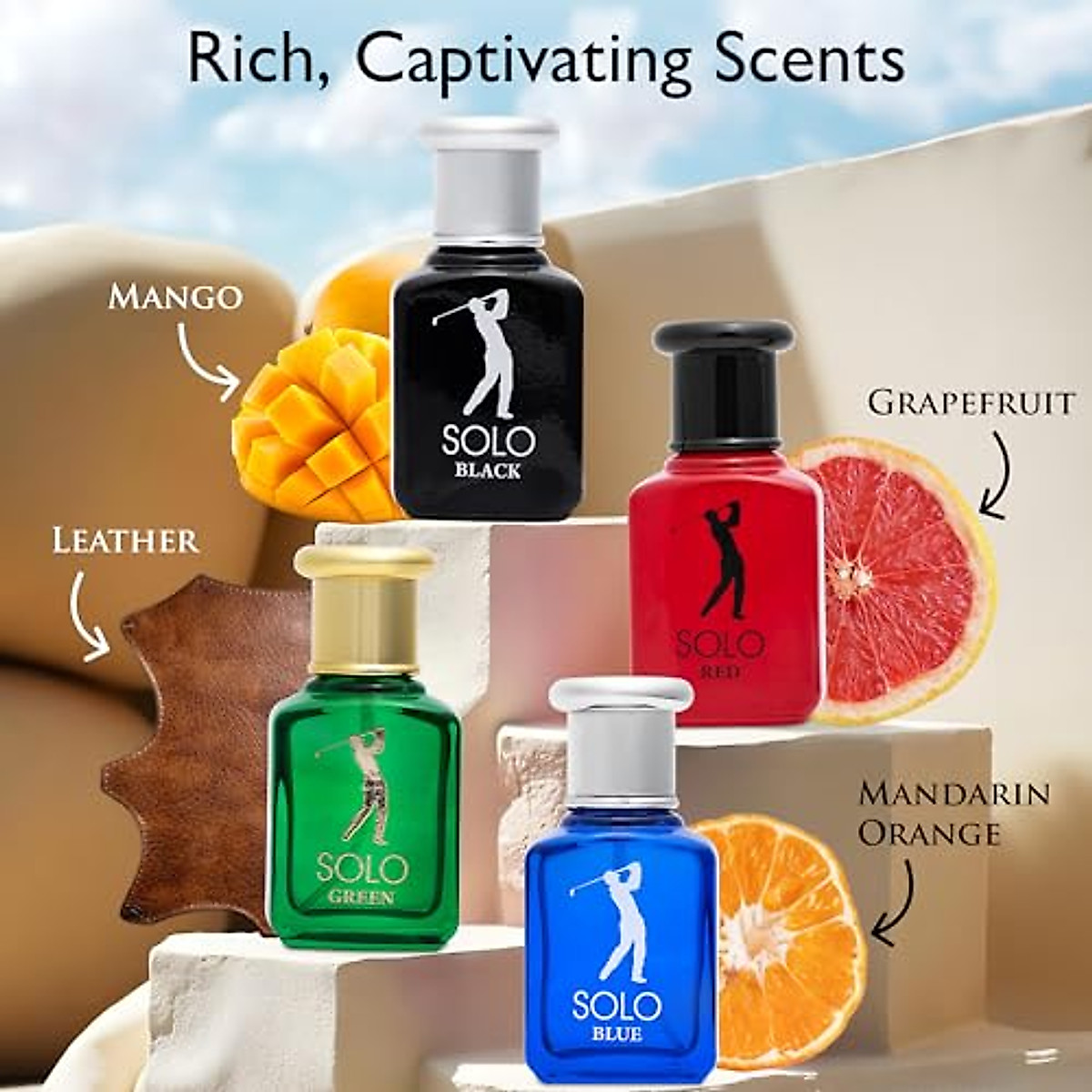 NovoGlow Solo 4-Piece Mini Fragrance Set for Men EDP - Solo Red, Blue, Black & Green - Combination of Sweet, Woody, Citrus & Spicy Scents - Viva Las Vegas Suitable For All Skin Types