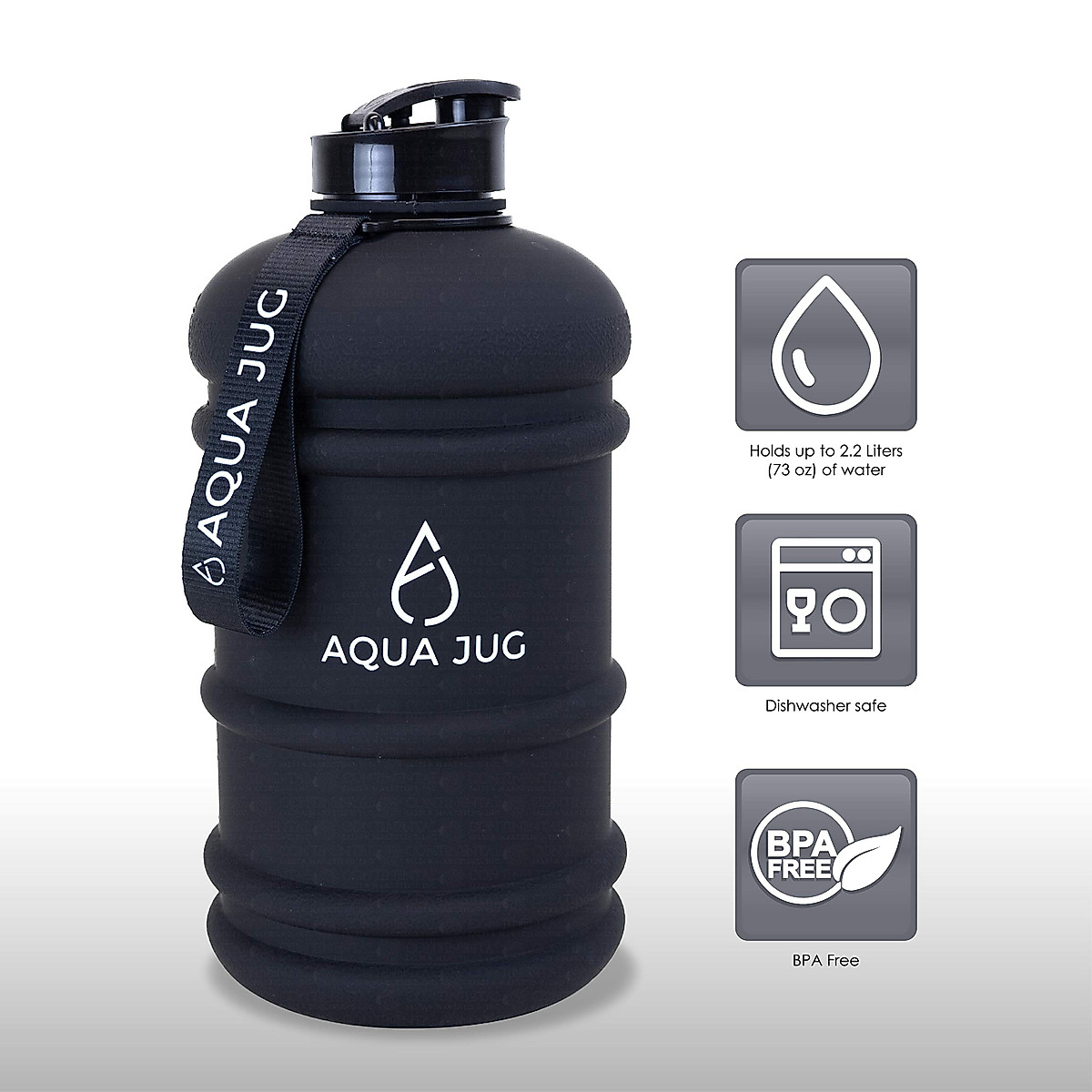 Aqua Jug Big Water Bottle, Dishwasher Safe BPA Free Drinking Water, Dark Knight Black 2.2L, Great for Gym Fitness Workout Sports Hiking and More