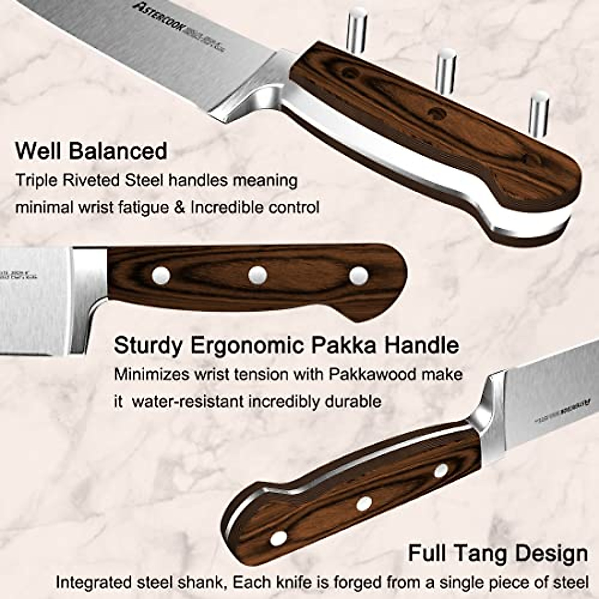 Knife Set, 15 Pcs Kitchen Knife Set With Block, Astercook German Stainless Steel With Scissors, Knife Sharpener and 6 Serrated Steak Knives