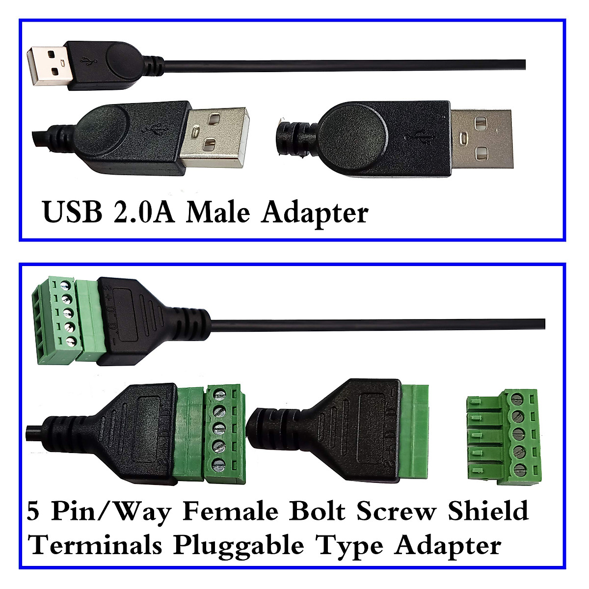 zdyCGTime USB 2.0 A Screw Terminal Block Connector Cable USB 2.0 A Male Plug to 5 Pin/Way Female Bolt Screw with Shield terminals Pluggable Type Adapter Connector Converter Cable（30CM/2Packs(Male)