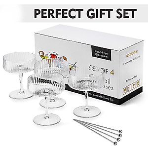 ROXBURGH Martini Glasses | Vintage Art Deco Crystal Champagne Coupe Glasses Set of 4 with 4 Cocktail Picks | 9 oz Ribbed Classic Cocktail Glassware for Champagne, Wine and Manhattan
