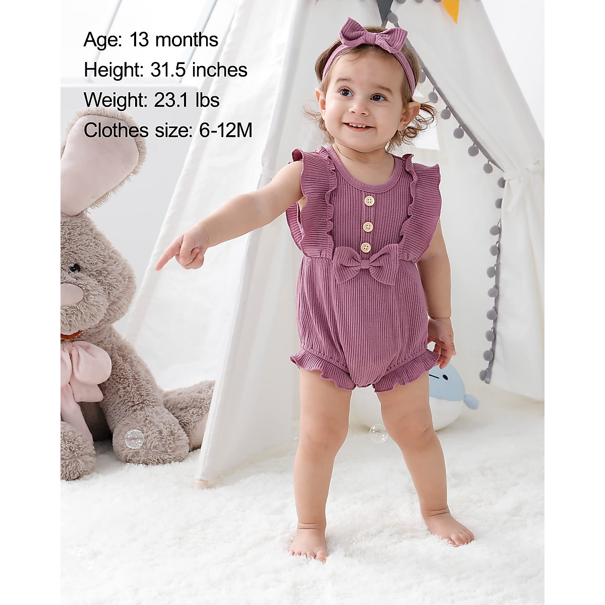 YALLET Newborn Baby Girls Clothes 0-18M Infant Girl Outfits Cute Little Girl Jumpsuit Button Solid Color Romper + Headband