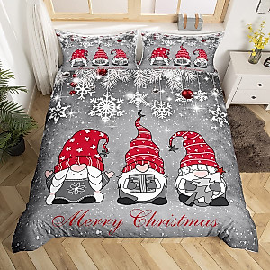 Christmas Gnomes Duvet Cover, Xmas Theme Comforter Cover For Kids Boys Girls Teens Adult, Santa Claus Snowflake Bell Bedding Set Merry Christmas Bedspread Cover With 2 Pillow Cases, Grey, Queen