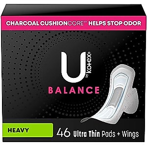 U by Kotex Balance Ultra Thin Pads with Wings, Heavy Absorbency, 46 Count (Packaging May Vary)