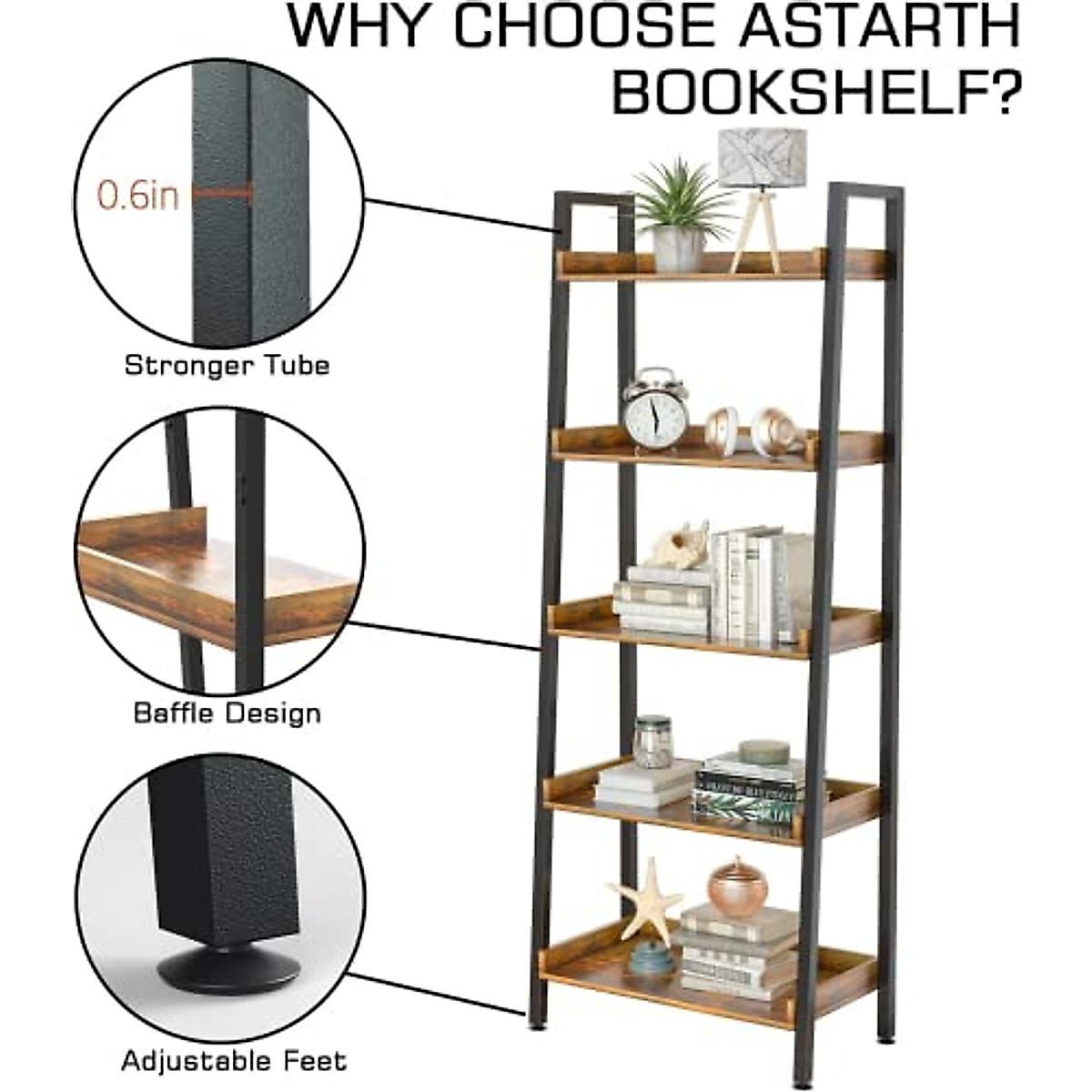 ASTARTH Ladder Shelf-5 Tier Bookshelves w/Open Shelf for Storage, Industrial Bookshelf & Tall Ladder Shelf-Metal Frame for Bedroom, Living Room, Kitchen-67.3'' H, Easy Assembly, Rustic Brown