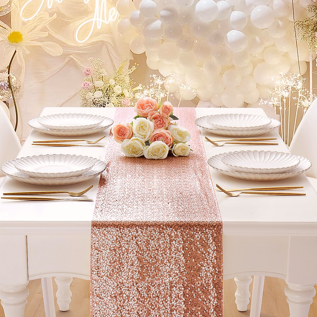 RUDONG M 6 Pack Rose Gold Sequin Table Runner 12 x 108 Inch, Rectangle Glitter Table Runner Dining Table Centerpiece Decorations for Weddings, Banquet, Holiday, Birthday Party