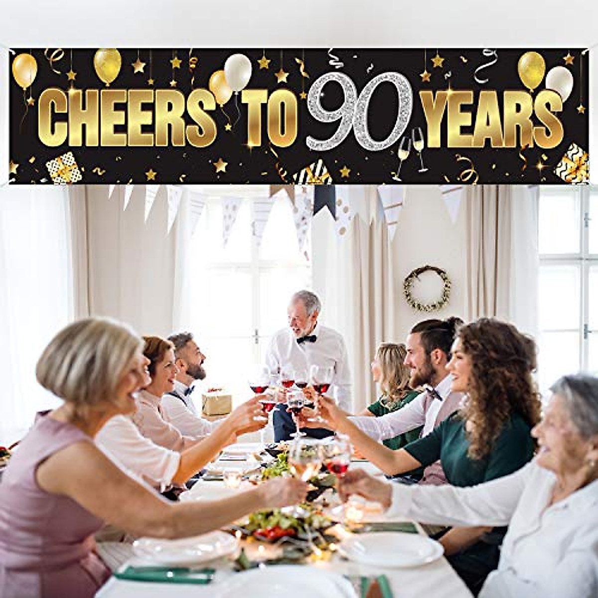 90th Birthday Banner, Happy 90th Birthday Decorations with Cheers to 90 Years, Black Gold Glitter Birthday Sign Backdrop Supplies for 90 Birthday