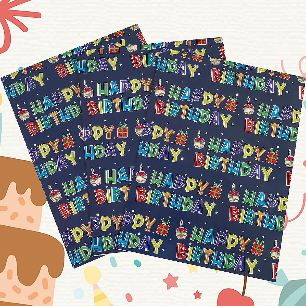 BULKYTREE Birthday Wrapping Paper with Cut Lines for Boys Girls Kids Men Women Holiday Birthday Theme Party - 3 Large Sheets Colorful Cake Happy Birthday Gift Wrap - 27 Inch X 39.4 Inch Per