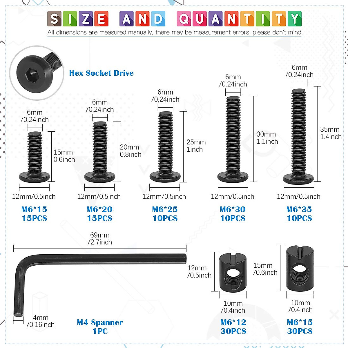 Glarks 120Pcs M6x15/20/25/30/35mm Black Hex Socket Cap Bolt Screws and Barrel Nut Assortment Kit with a Allen Wrench for Crib Baby Bed Cots Furniture