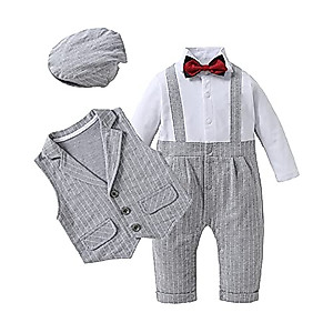 Kgurtagh Baby Boy Suit Outfit, Long Sleeve One-Piece Romper & Vest & Beret & Bow Tie, Infant Boys Gentleman Outfits for Formal Wear, Baby Boy Dressy Clothes (4pc, 0-24 Months),Grey,6-12M